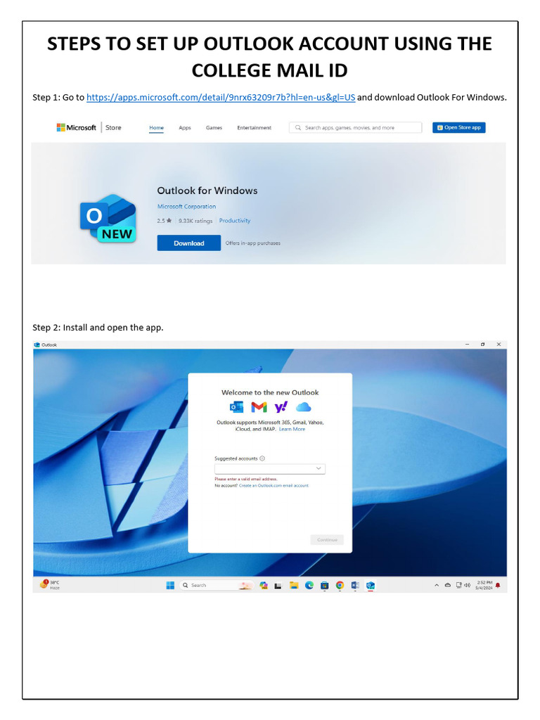 STEPS TO SET UP OUTLOOK ACCOUNT USING THE COLLEGE MAIL ID (1) (1) | PDF