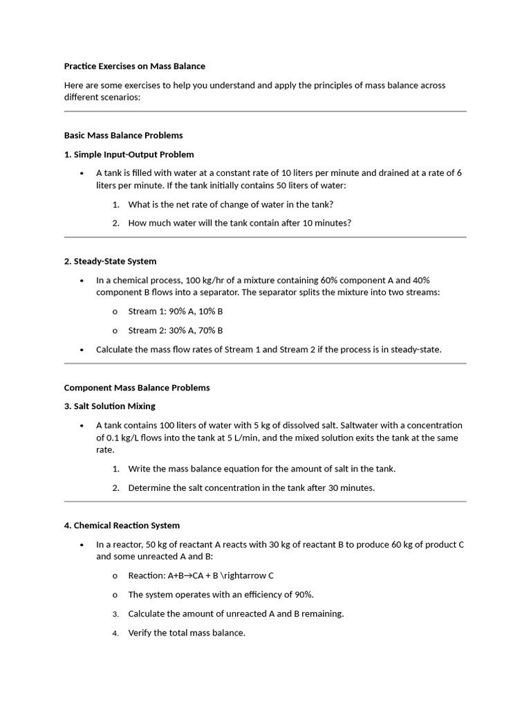 Practice Exercises On Mass Balance | PDF | Carbon Dioxide | Chemical ...