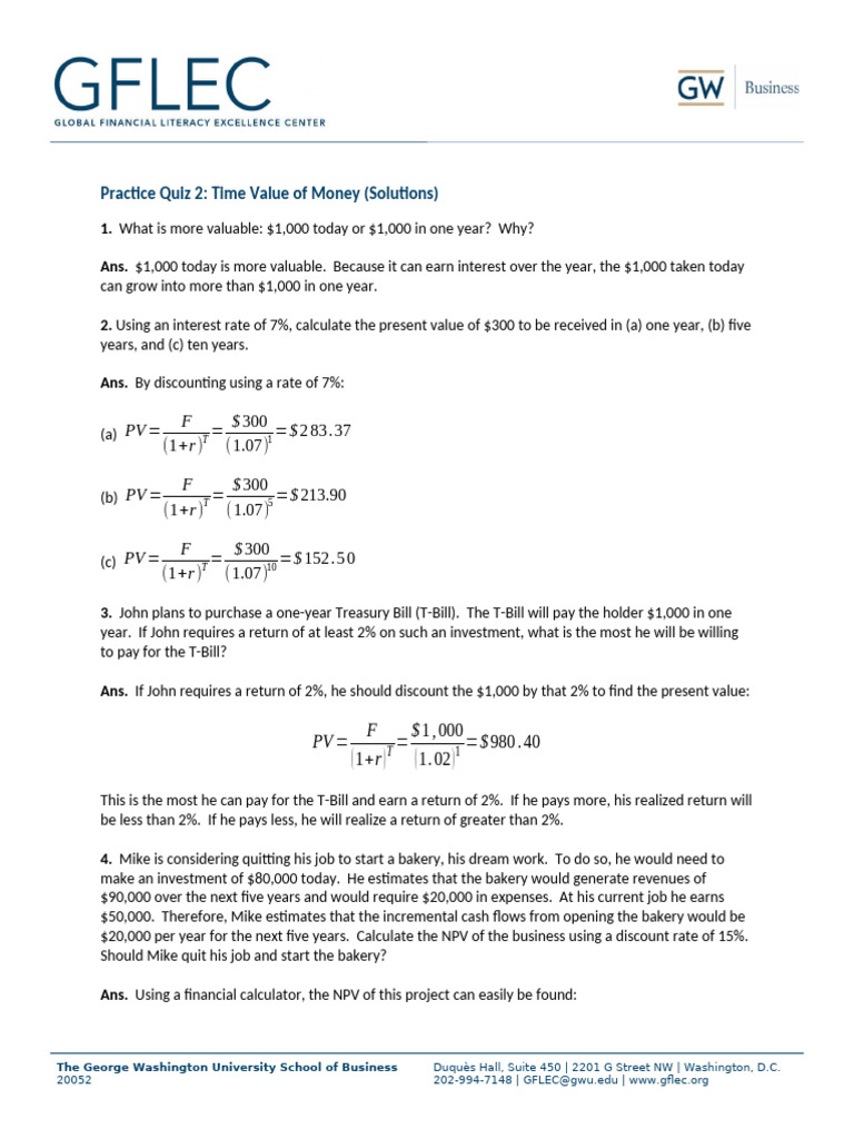 Lecture 2 Practice Quiz Solutions | PDF | Net Present Value | Present Value