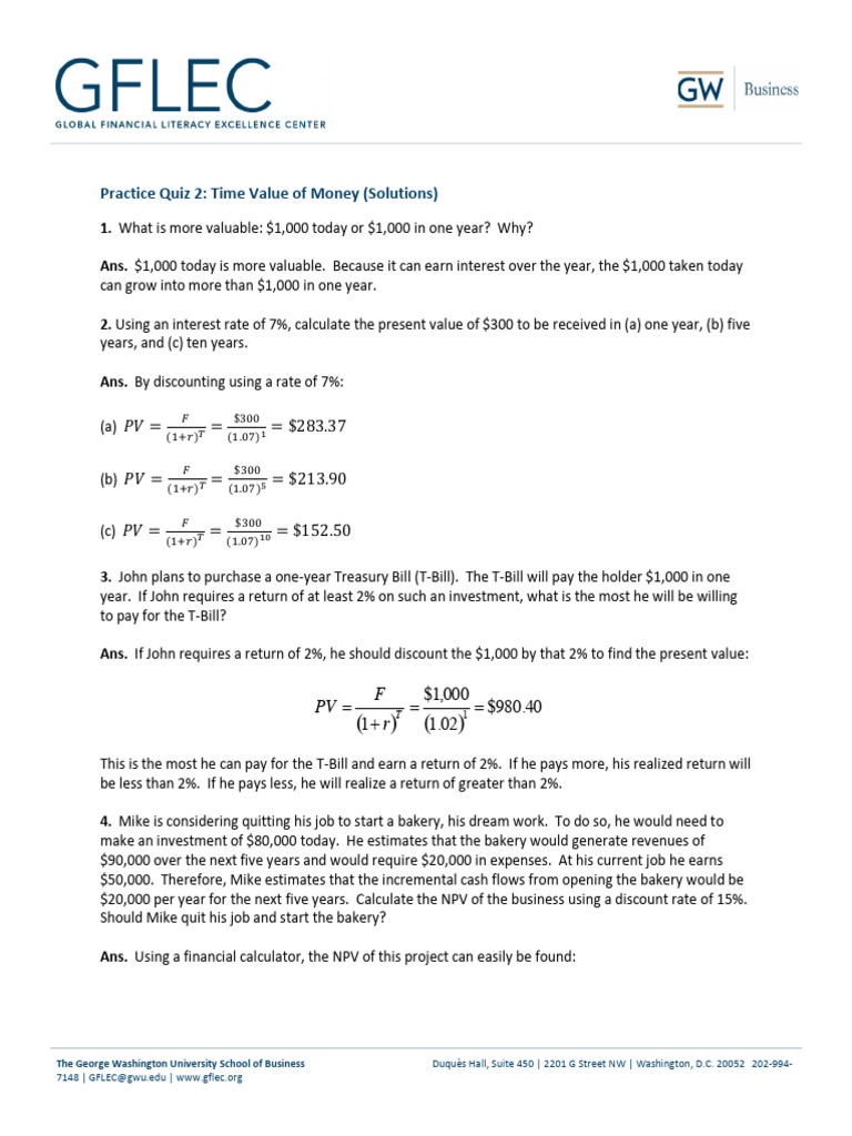Lecture 2 Practice Quiz Solutions | PDF | Net Present Value | Present Value