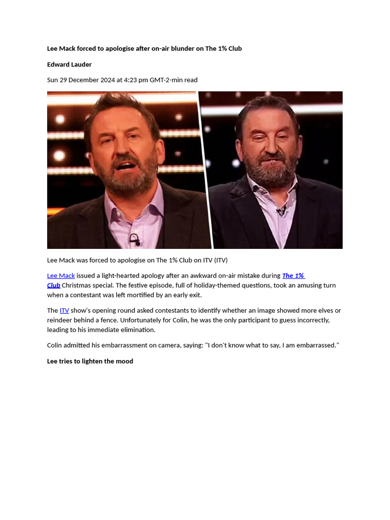 Lee Mack Apologizes for On-Air Blunder | PDF