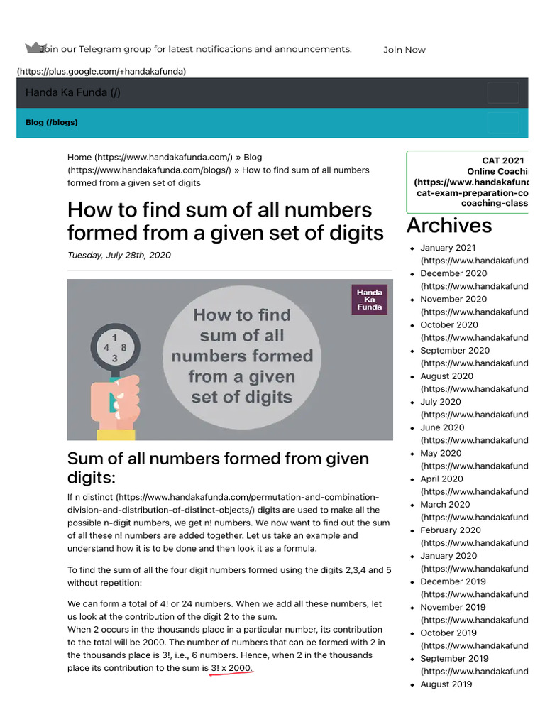 Find Sum of All Numbers From Digits | PDF | Applied Mathematics | Mathematics