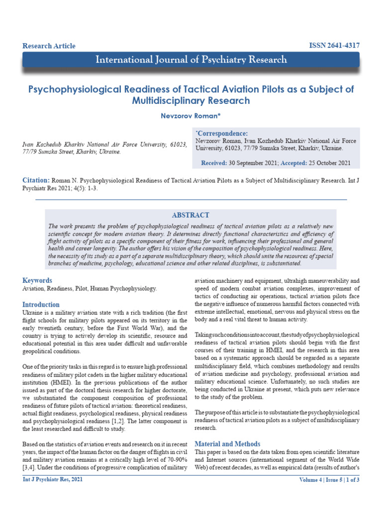 Psychophysiological Readiness of Tactical Aviation Pilots As A Subject of Multidisciplinary ...