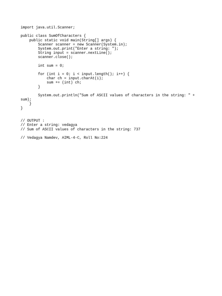 WAP To Sum of All Characters Given by User String | PDF