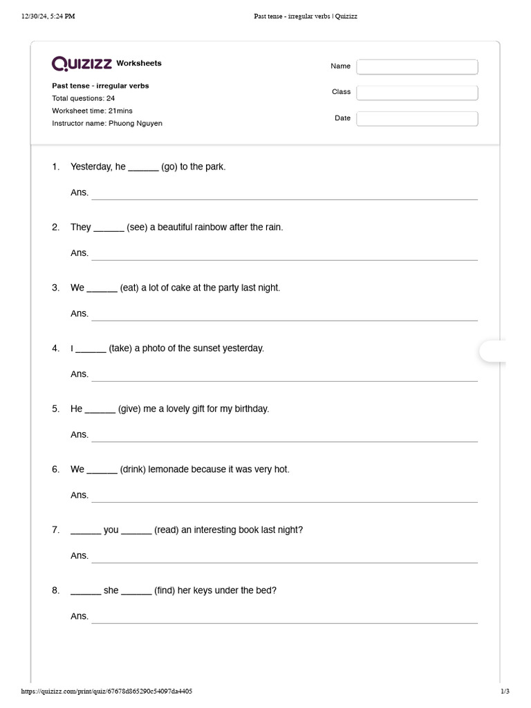 Past Tense - Irregular Verbs - Quizizz | PDF | Languages | Foreign ...