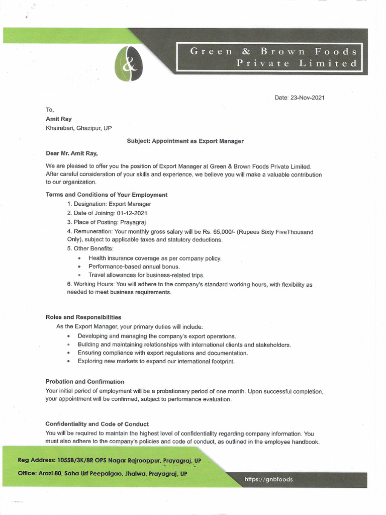 Appointment Letter GnB | PDF