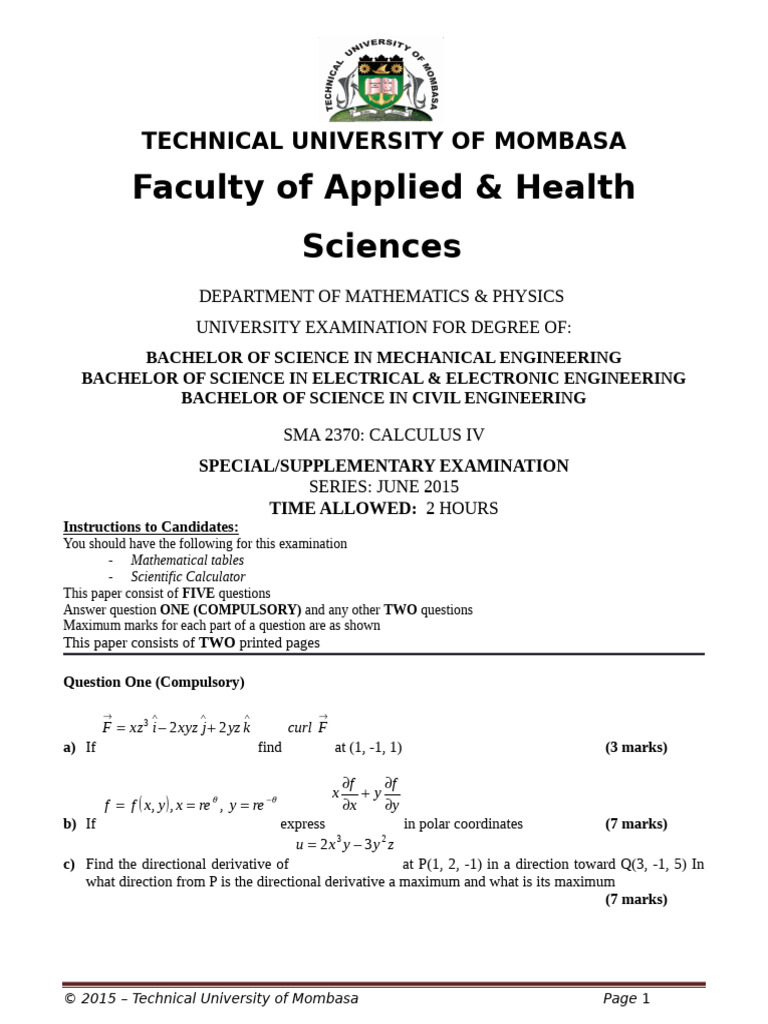CALCULUS IV SMA 2370 - bsme bsee bsce | PDF | Trigonometric Functions | Sphere