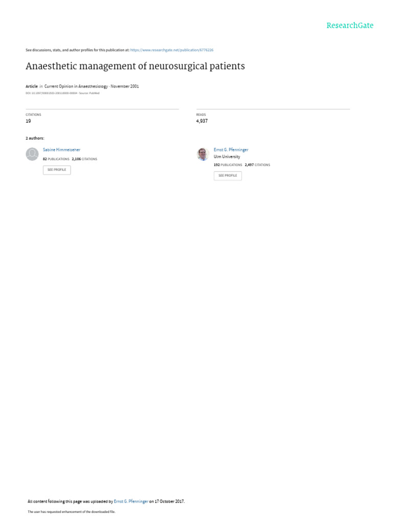 Anaesthetic Management of Neurosurgical Patients | PDF | Anesthesia ...