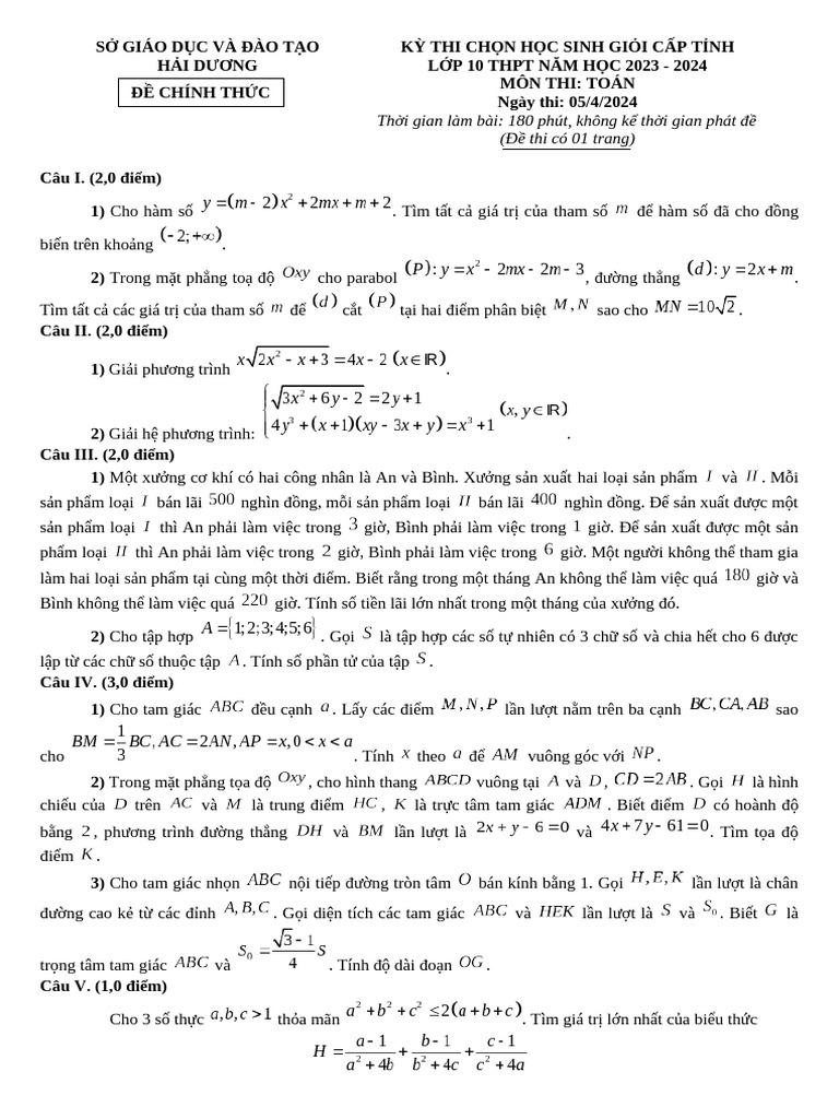 De Hoc Sinh Gioi Cap Tinh Toan 10 Nam 2023 2024 So GDDT Hai Duong | PDF