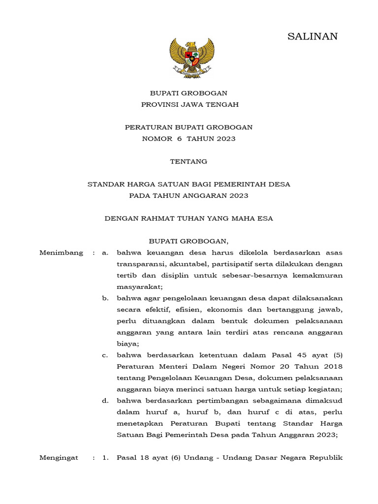 Perbub Standarisasi Harga Satuan Desa 23 | PDF