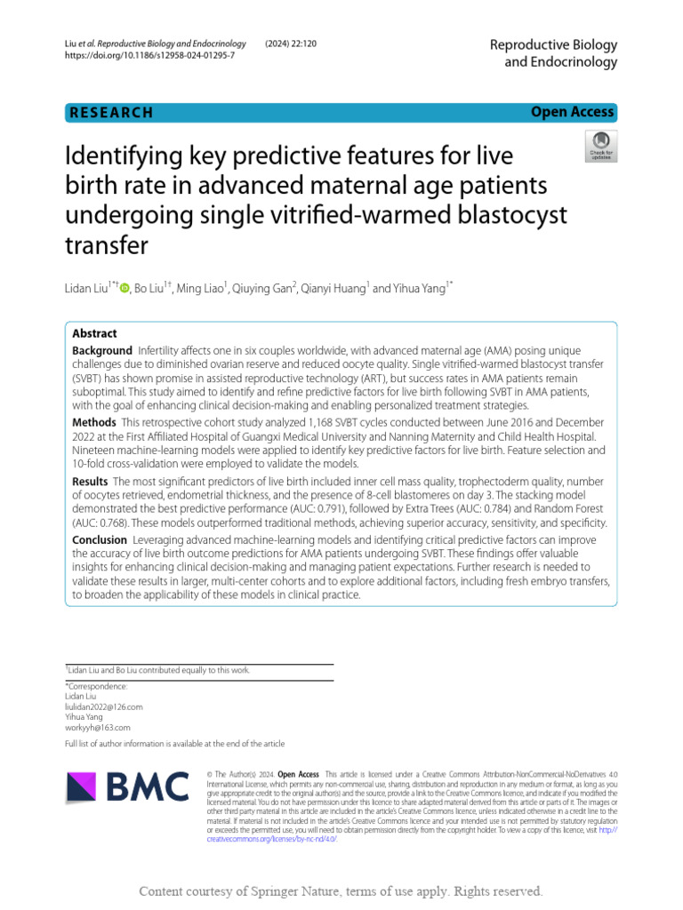 Identifying Key Predictive Features For Live Birth | PDF | In Vitro ...