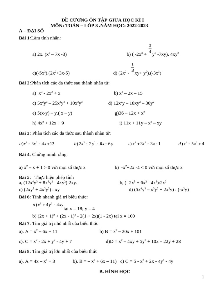 Đề cương ôn tập giữa kỳ 1 toán 8 năm 2022-2023 | PDF