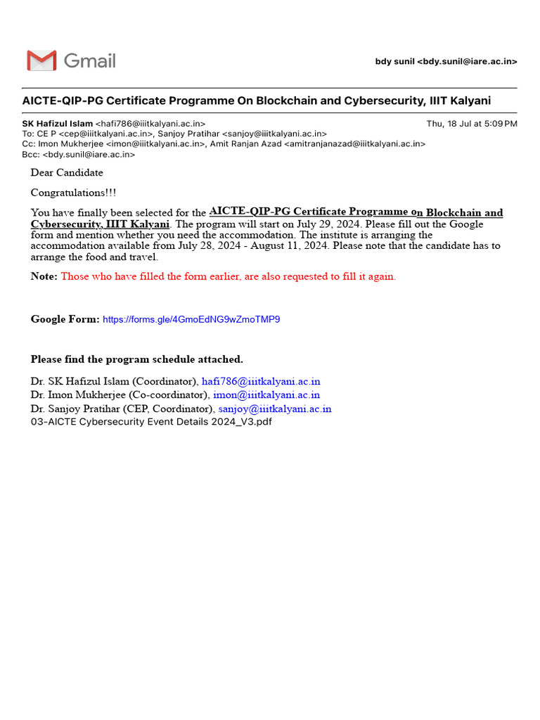 AICTE-QIP-PG Certificate Programme On Blockchain and Cybersecurity, IIIT Kalyani | PDF