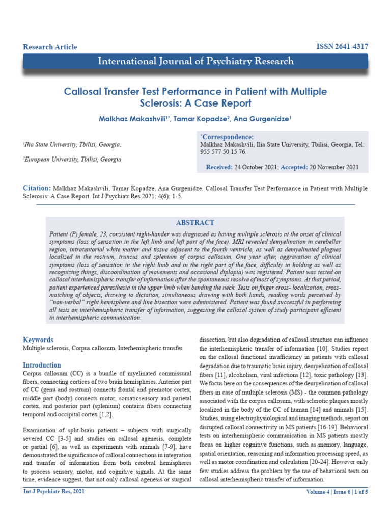 Callosal Transfer Test Performance in Patient With Multiple Sclerosis A ...