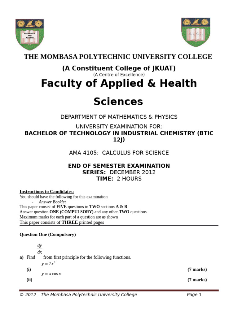 Calculus Exam for Tech Students | PDF | Calculus | Mathematical Physics