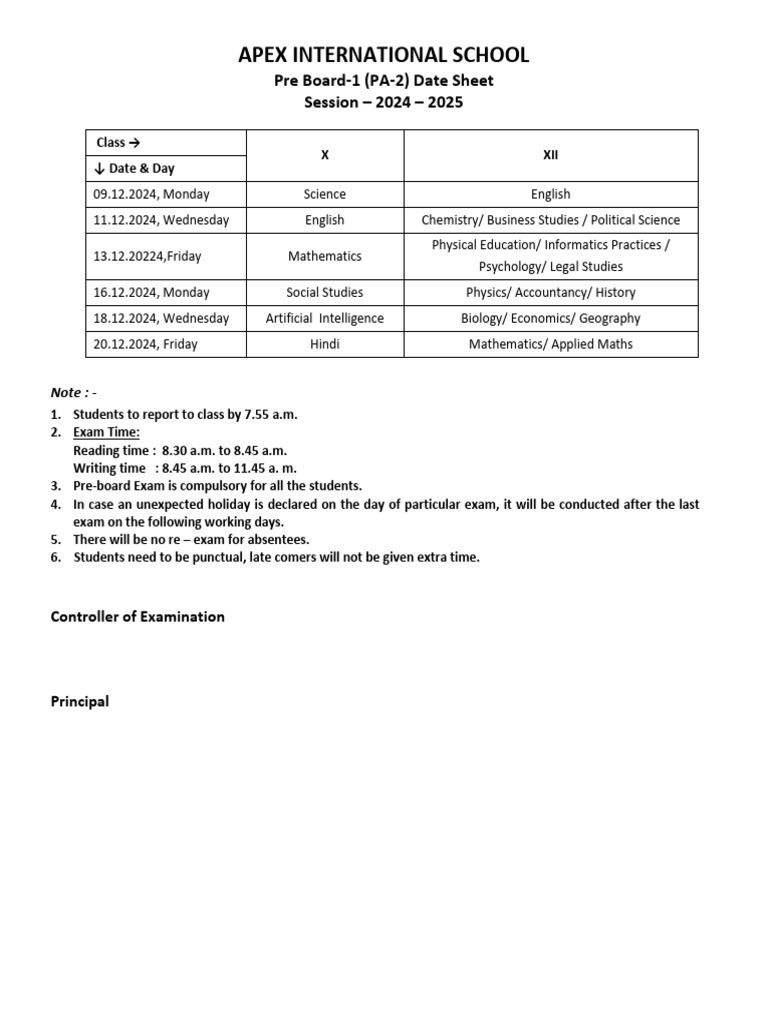 Date Sheet Preboard-1 (PA-2) (X & XII) (2024-25) | PDF