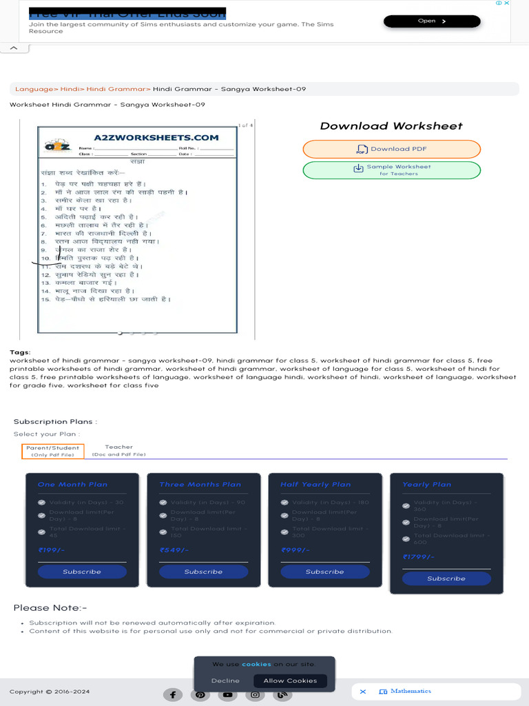 A2ZworksheetsWorksheet of Hindi Grammar - Sangya Worksheet-09-Hindi-Language | PDF