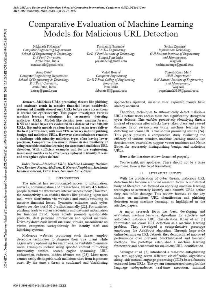 Comparative Evaluation Of Machine Learning Models For Malicious Url
