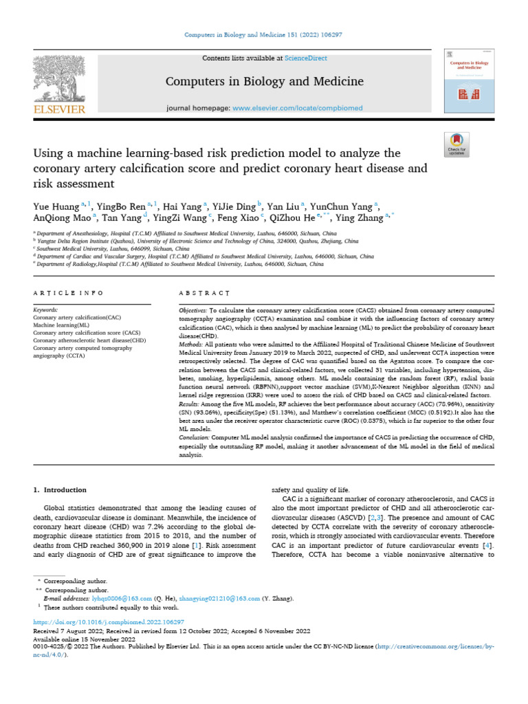 Using a machine learning-based risk prediction | PDF | Coronary Artery Disease | Machine Learning