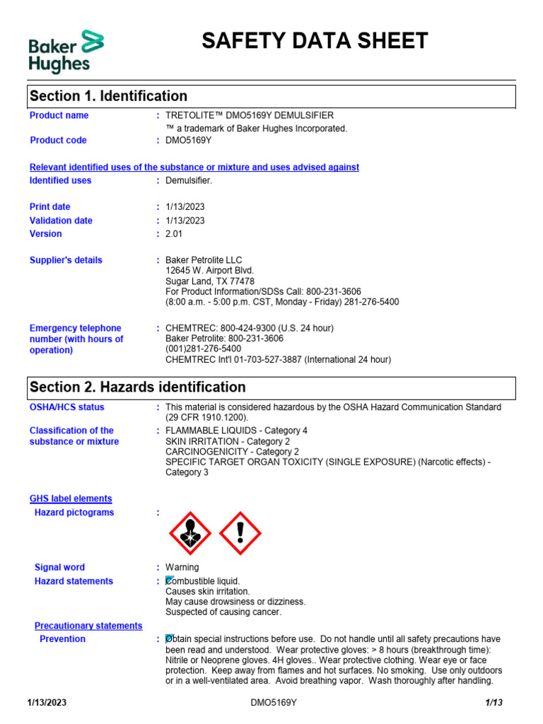 Tretolite™ Dmo5169y Demulsifier | PDF | Occupational Safety And Health