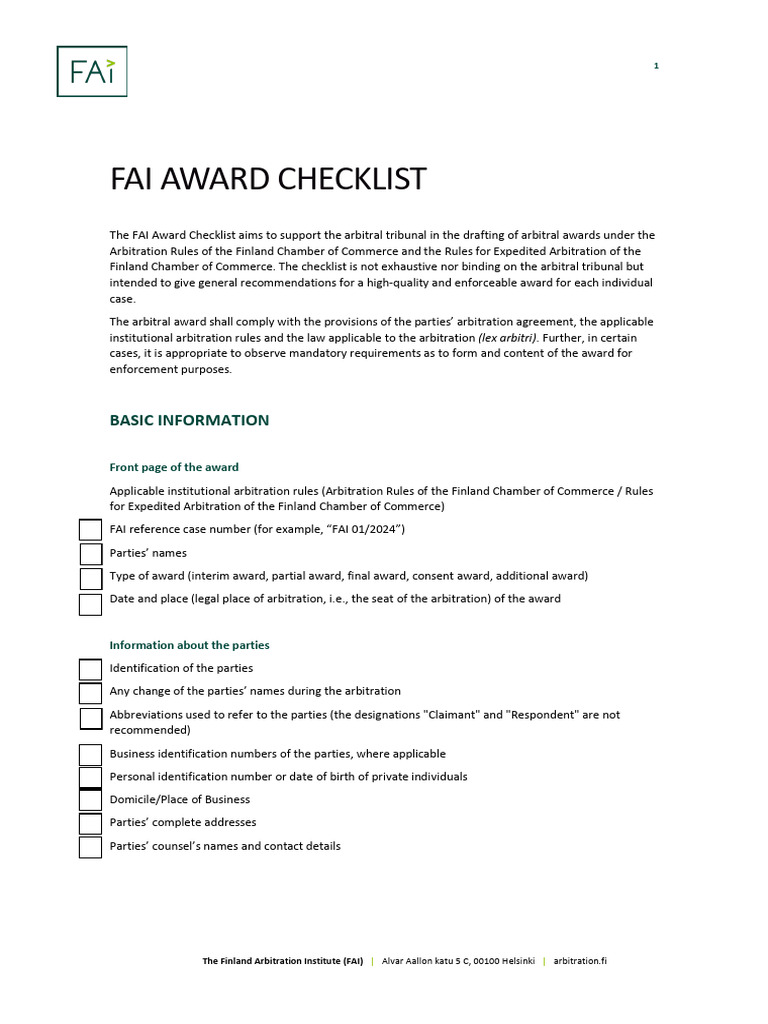 Fai Award Checklist 2024 1 | PDF | Arbitral Tribunal | Arbitration
