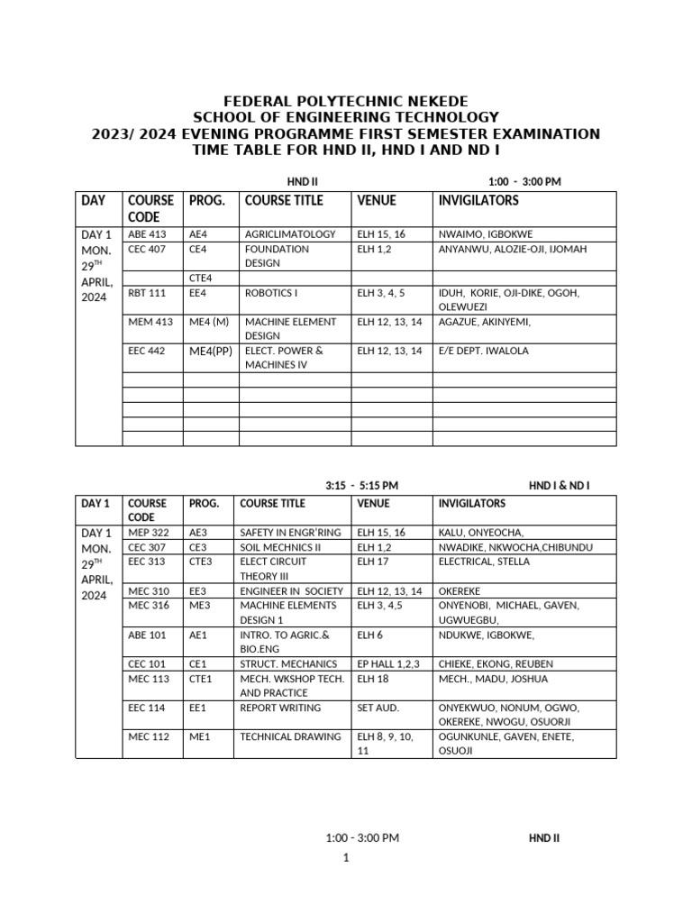 Set 1st Sem. (E.p) Exam Time Table 2024 For Hnd1, Hnd2 and Nd1 | PDF ...
