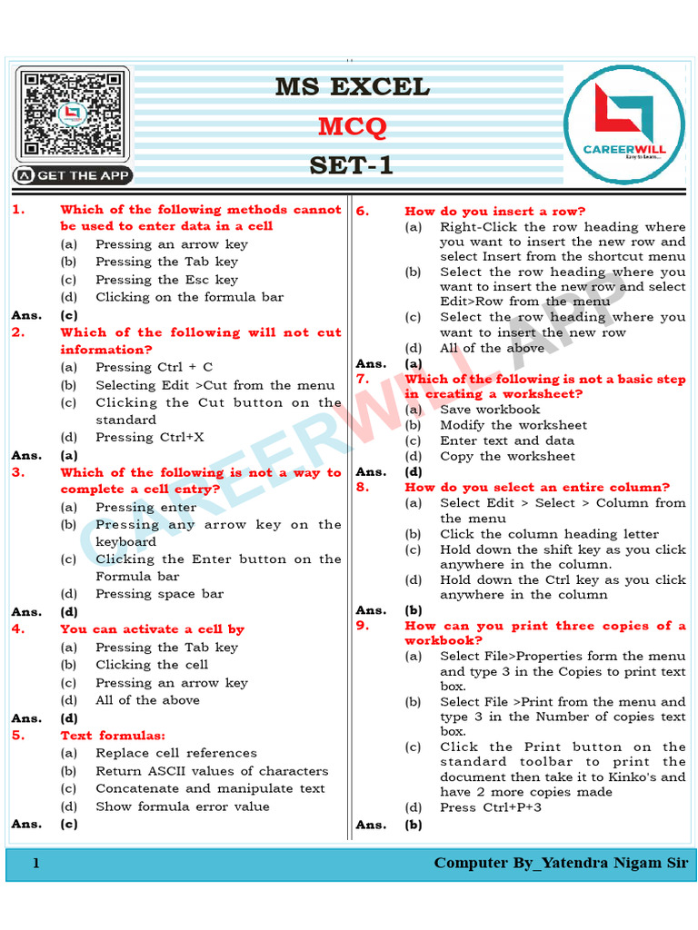 250338MS-EXCEL MCQs (English + Hindi) - Crwill | PDF | Microsoft Excel | Spreadsheet