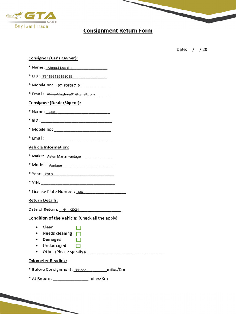 Gta Vehicle Return Form | PDF | Used Car | Car