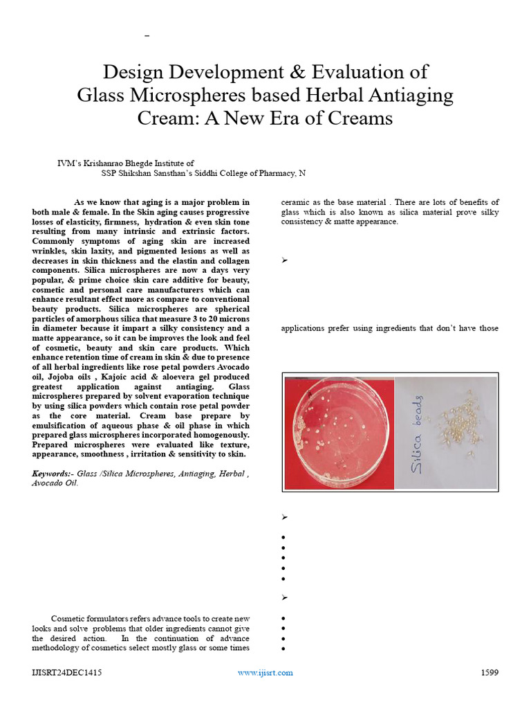 Design Development And Evaluation Of Glass Microspheres Based Herbal Antiaging Cream A New Era Of
