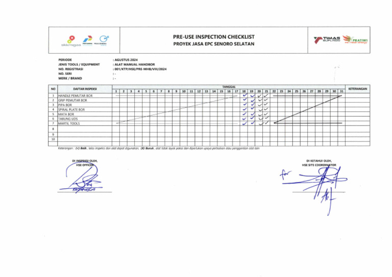 01. Pre-Use Inspection Manual Handbor Periode Agustus 2024 | PDF