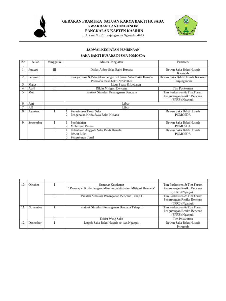 Rencana Kegiatan SBH 2024 - 2025 | PDF