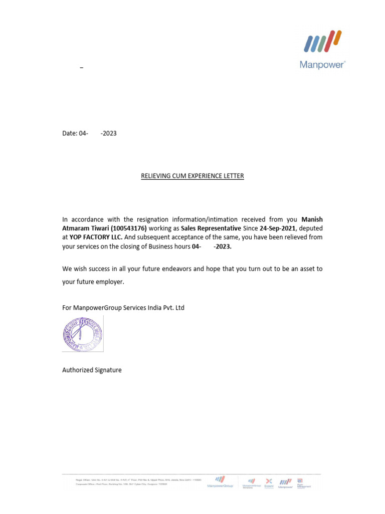 Experience Letter - Manish Tiwari | PDF