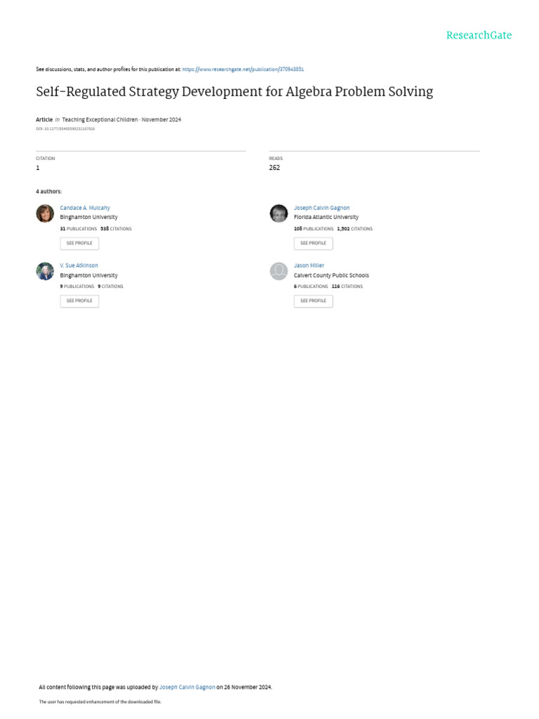 Mulcahy Et Al 2024 Self Regulated Strategy Development For Algebra Problem Solving | PDF ...