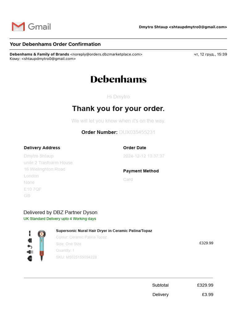 Your Debenhams Order Confirmation | PDF