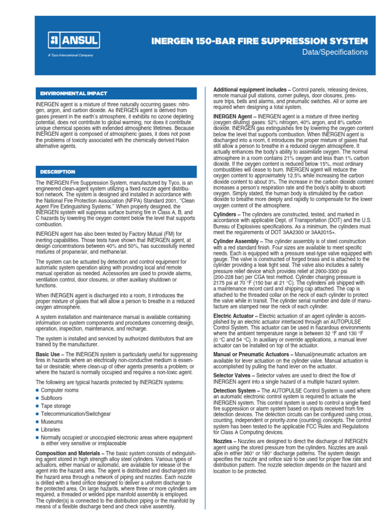 Inergen 150 Bar Fire Suppression System F 9312 | PDF | Oxygen | Valve