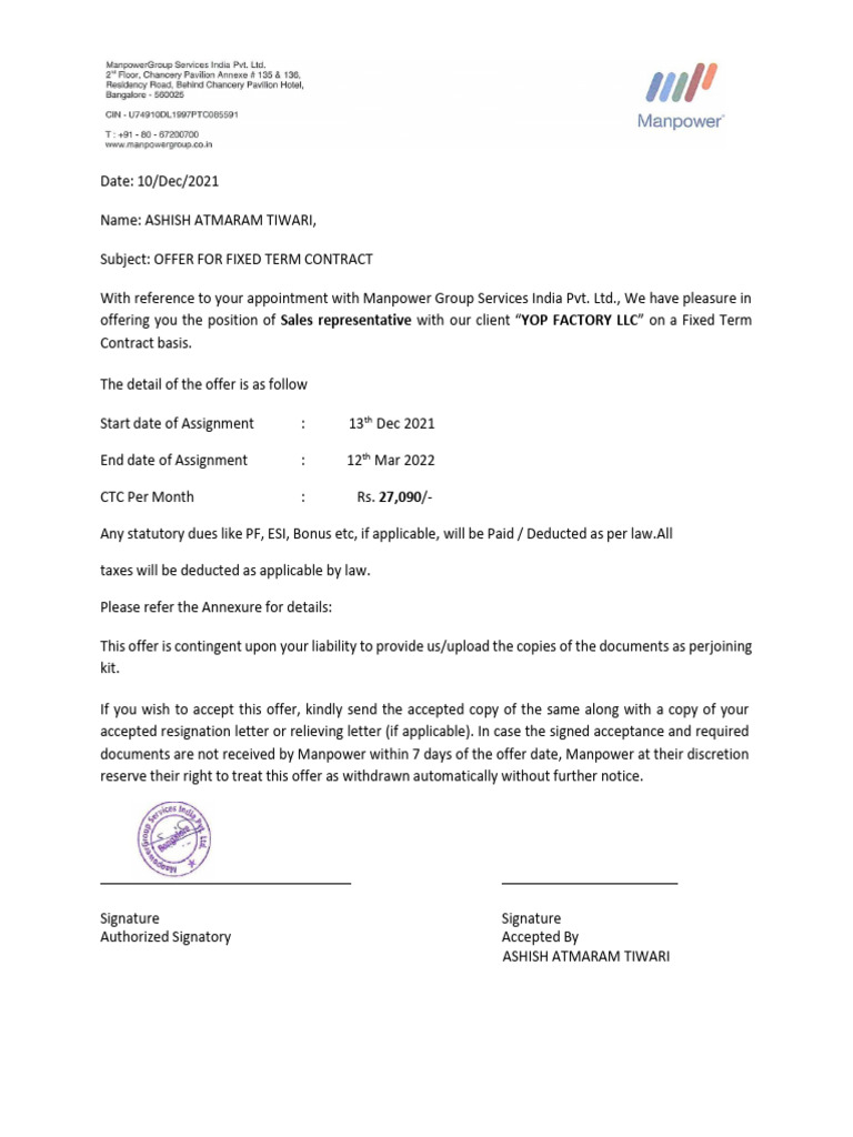 Offer Letter WABI2B | PDF | Salary | Taxation