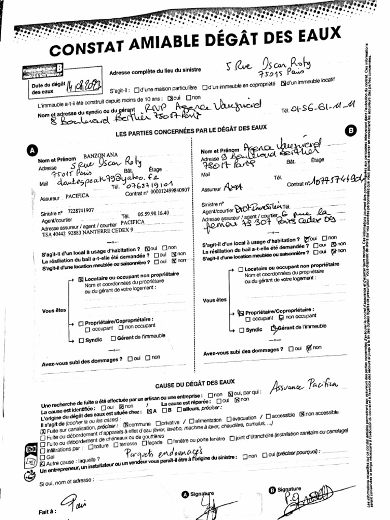 Constat Amiable Degat Des Eaux | PDF