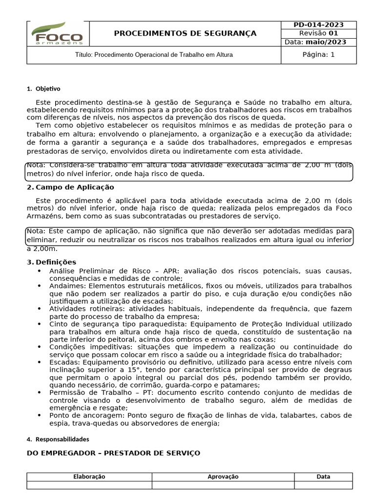 PD-014-2023 Procedimento Instrução de Trabalho em Altura | PDF ...