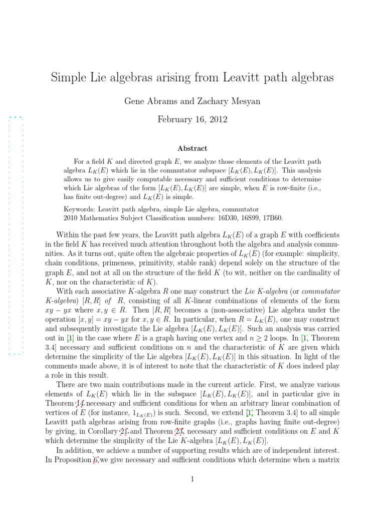 Simple Lie Algebras Arising From Leavitt | PDF | Ring (Mathematics ...