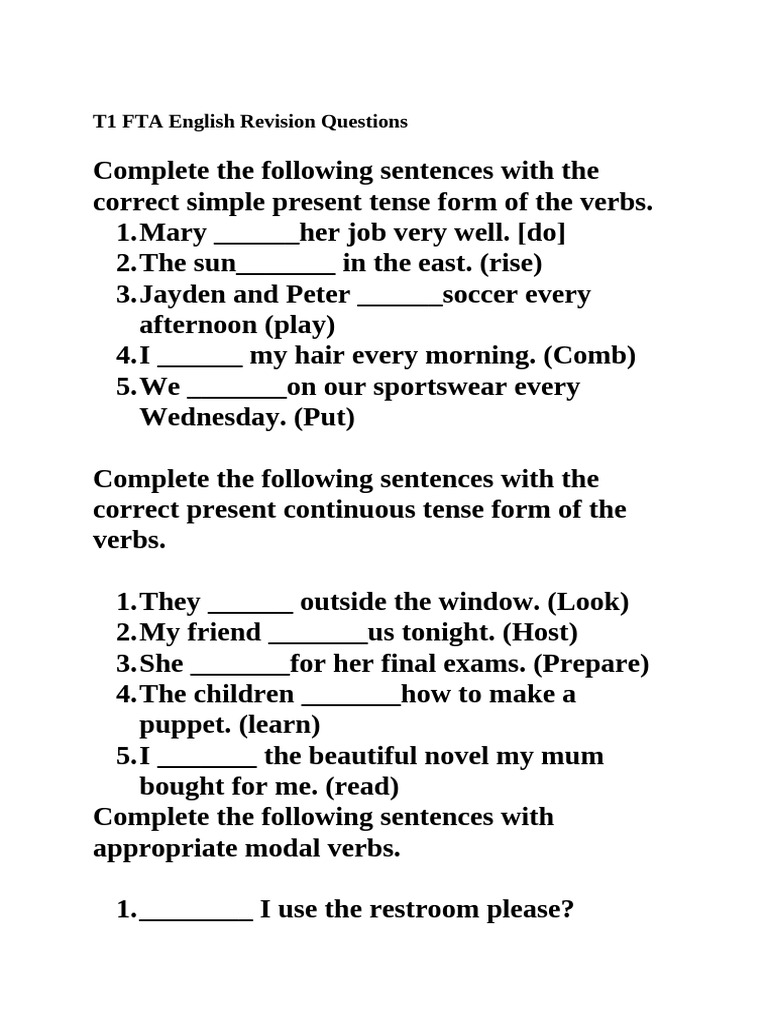 T1 FTA English Revision Questions | PDF | Linguistics | Grammar