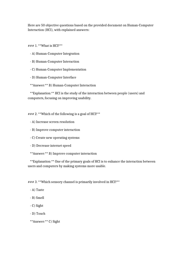 50 HCI Objective Questions & Answers | PDF | Human–Computer Interaction | Recall (Memory)
