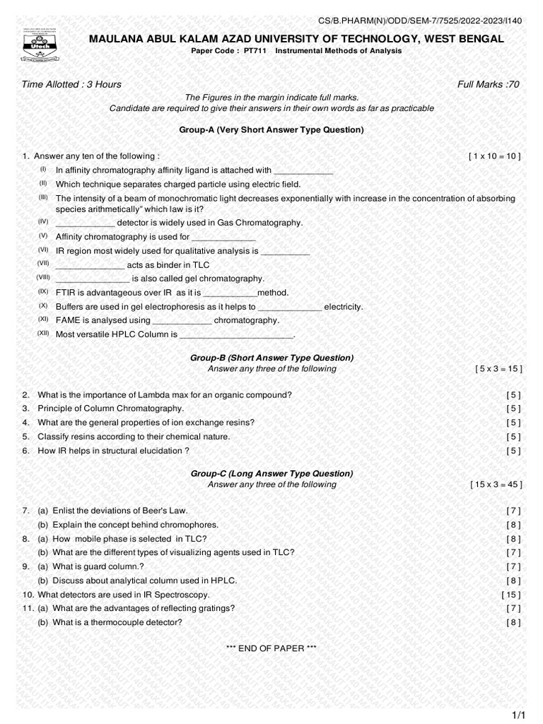 PT711 Instrumental Methods of Analysis | PDF | Chromatography | High ...