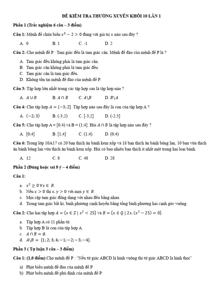 Đề KTTX toán 10 lần 1 | PDF