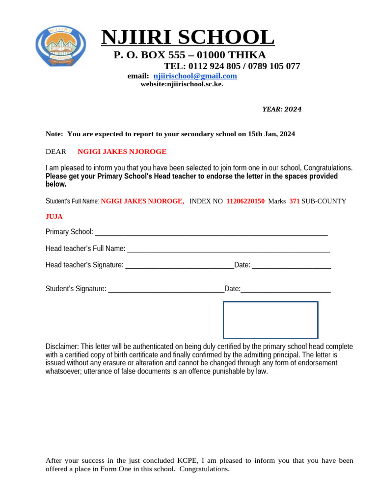 Njiiri School Form One Admission Letter | PDF | Sweater