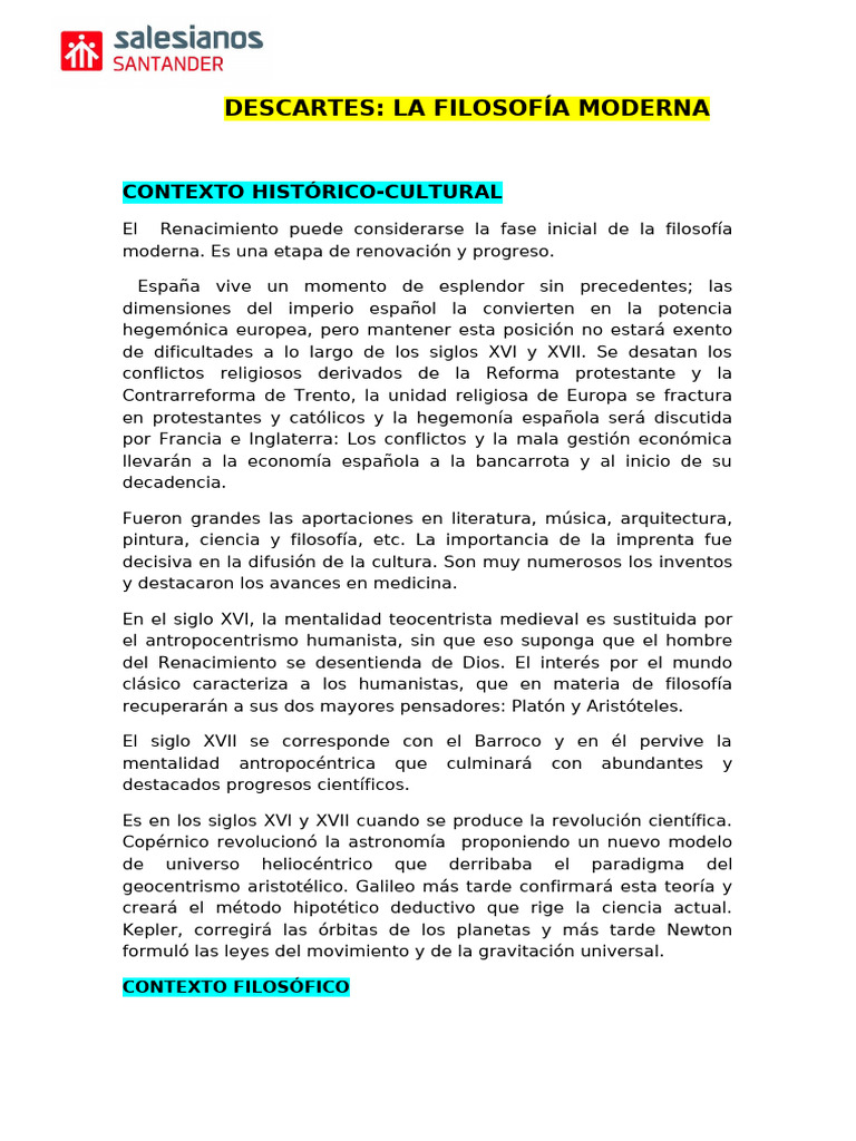 Descartes. Filosofía Moderna | PDF | René Descartes | Verdad