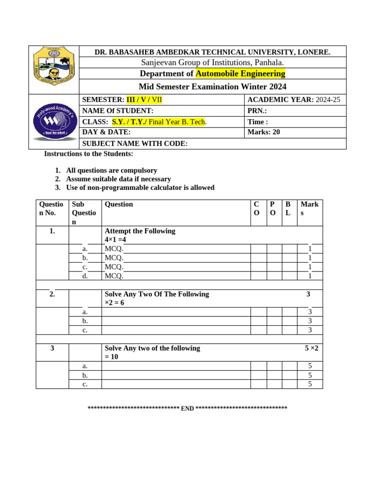 Mid sem QP format | PDF