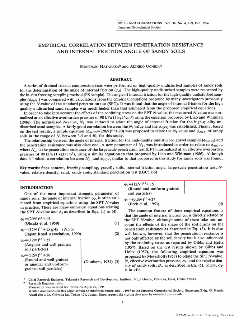 Empirical Correlation Between SPT and Phi For Sandy Soil | PDF