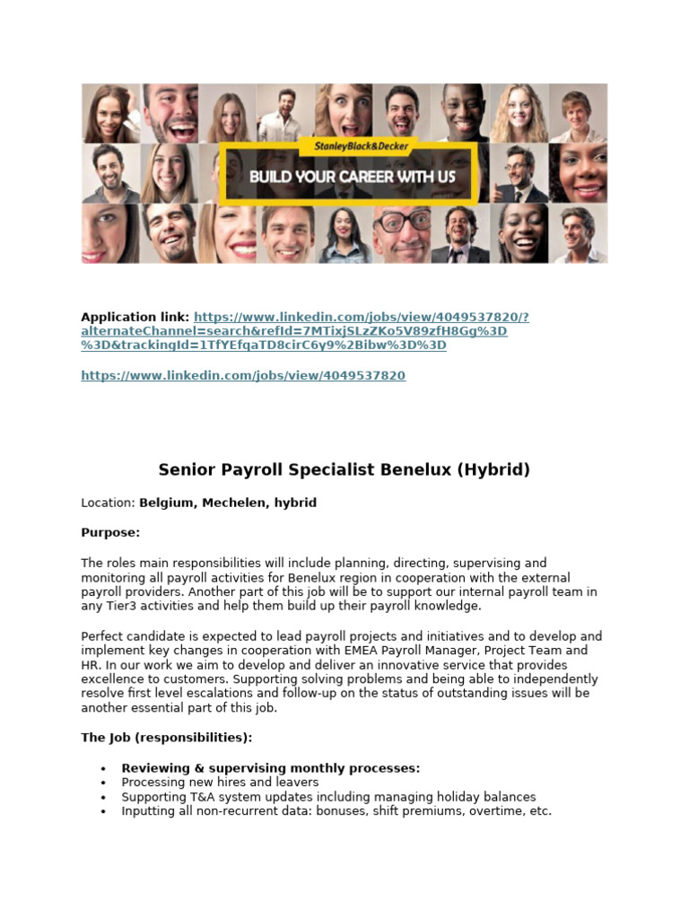 Senior Payroll Specialist Benelux - Job Ad | PDF | Payroll | Economies