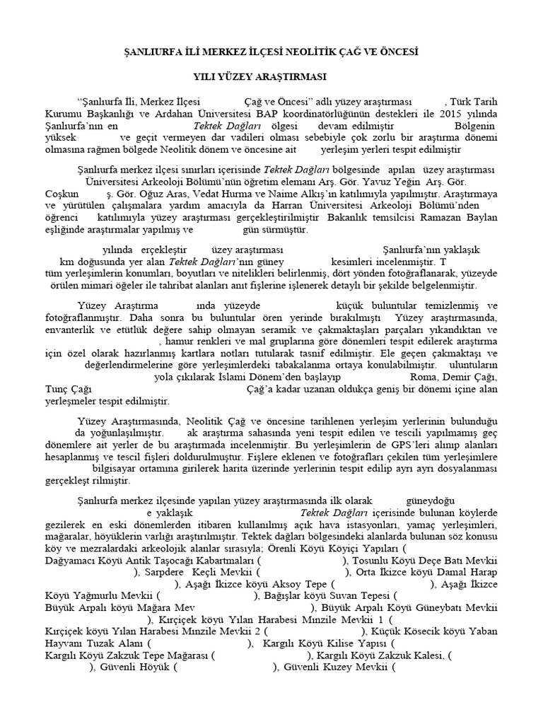 Neolitik Öncesi Yüzey Araşt. Raporu | PDF