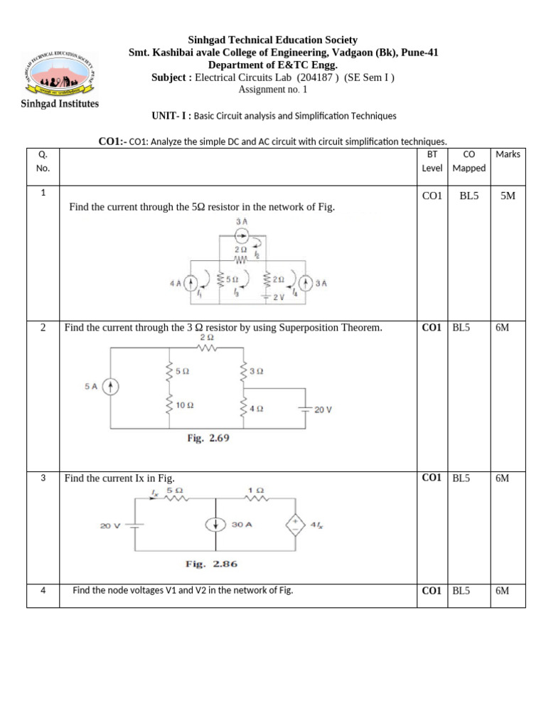 ELE Ckts Assignment 1 | PDF | Electrical Network | Computer Engineering